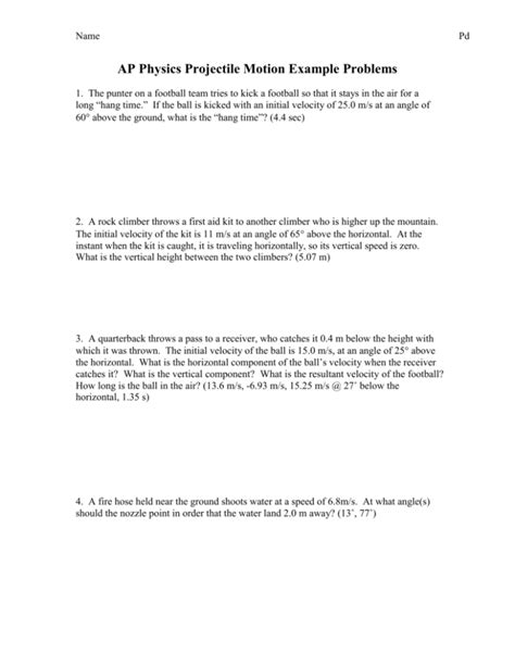 Ap Physics Projectile Motion Problems Worksheet