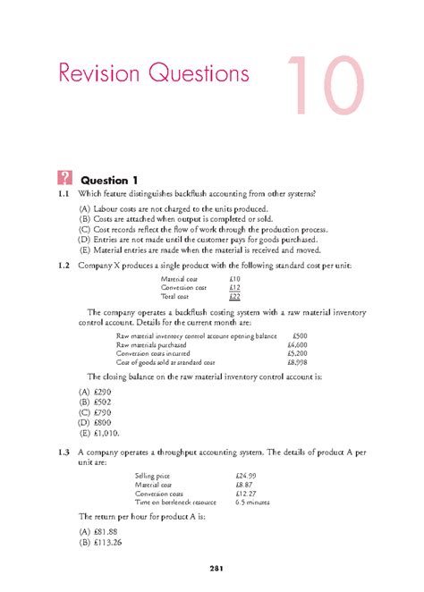 costing systems exercises 281 question 1 1 which feature distinguishes backfl ush accounting