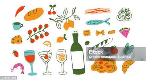 트렌디 한 낙서 스타일의 메뉴에 대 한 잉크 컬러 이탈리안 음식 세트 식사 그려진 분필 배경 벽지 고립된 개체 피자 와인 레몬 0명에 대한 스톡 벡터 아트 및 기타 이미지