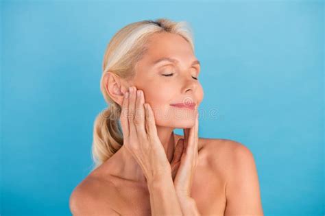 Photo Of Dreamy Cute Elderly Lady Naked Shoulders Closed Eyes Arms