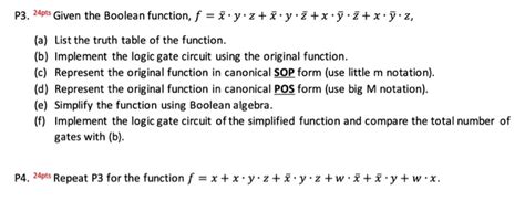 Solved P3 24pts Given The Boolean Function F Xyzxyz