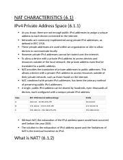 Ch 6 NAT For IPv4 Docx NAT CHARACTERISTICS 6 1 IPv4 Private Address Space 6 1 1 As You Know