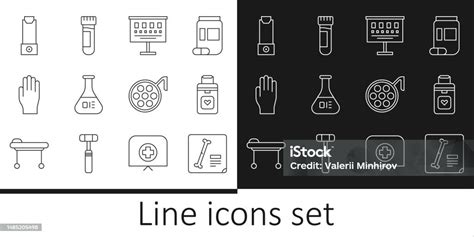 라인 X선 샷 장기 용기 시력 검사 차트 시험관 및 플라스크 의료용 고무 장갑 흡입기 수술 램프 및 혈액 아이콘을 설정합니다 벡터 X 레이에 대한 스톡 벡터 아트 및 기타