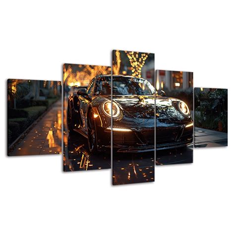 Black Porsche 911 Luxury Car 5 Piece Canvas Wall Art Framed Multi Panel