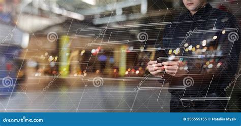 Businessman Working On Virtual Computer Screen With Blueprint Stock