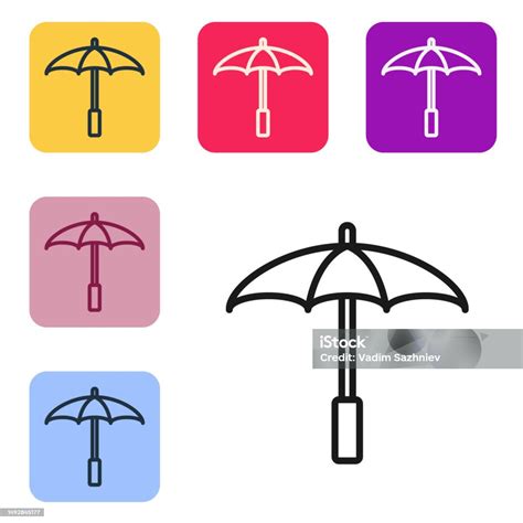 흰색 배경에 고립 된 해변 아이콘에 대한 검은 줄 태양 보호 우산 야외 공간을위한 큰 파라솔 해변 우산 색상 정사각형 단추로