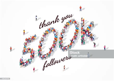 500k 추종자 비즈니스 사람들의 그룹은 웹 페이지 배너 프리젠 테이션 소셜 미디어 작은 사람들의 군중 50000 단어의 모양으로 함께 모여있다 팀웍 벡터 일러스트레이션