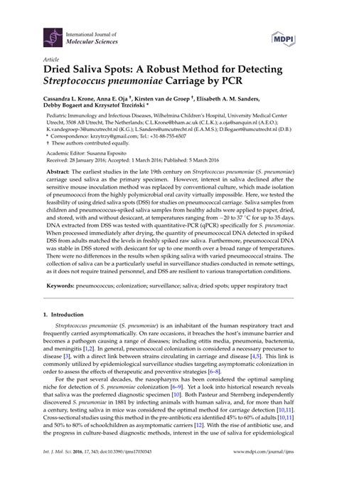 Pdf Dried Saliva Spots A Robust Method For Detecting Streptococcus