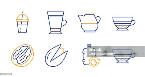 라떼 피칸 너트 피스타치오 너트 아이콘 세트 물 모카 및 우유 용기 표지판을 리필하십시오 벡터 0명에 대한 스톡 벡터 아트 및