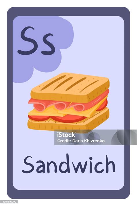 화려한 Abc 교육 플래시 카드 편지 S 샌드위치 고기 치즈와 토마토와 빵 음식 과일 및 채소와 알파벳 벡터 그림 학교 공부