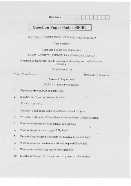 Anna University Cs 8351 Digital Principles And System Design For Computer Science And