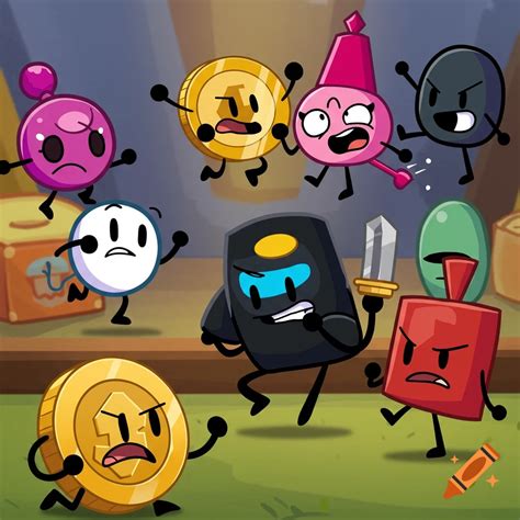 Cartoon Objects With Faces And Limbs Fight Characters Include Coins A