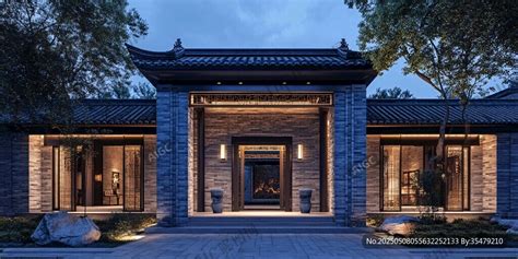 Ai创作图中式建筑 庭院 夜景 古建筑 门窗 灯光 绿植 石材 屋檐 牌匾 树木 景观石 围墙 瓦片 灯笼 昵图网