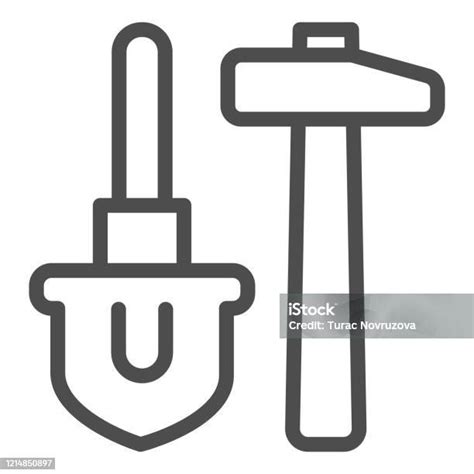 ไอคอนพลั่วและเส้นค้อน ฮาร์ดแวร์ขุดการเกษตรสัญลักษณ์รายการสวนรูปแบบเค้าร่าง Pictogram บนพื้นหล