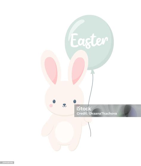 Ute 부활절 토끼 들고있는 풍선 흰색 배경에 고립되어 있습니다 평면 벡터 그림 가공의 인물에 대한 스톡 벡터 아트 및 기타 이미지 가공의 인물 고립 색상 공기 주입