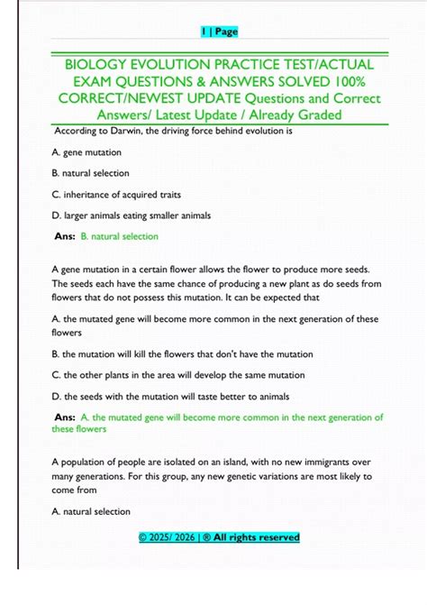 Biology Evolution Practice Test 20252026 Solved Multiple Choice