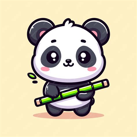 Chibi Kawaii Cute Cartoon Drawing Of A Panda Holding A Bamboo Stick Premium Ai Generated Vector