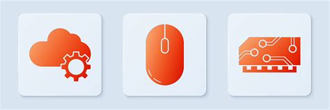 컴퓨터 마우스 클라우드 기술 데이터 전송 및 저장 및 Ram 임의 액세스 메모리를 설정합니다 흰색 정사각형 버튼 벡터 가능성에