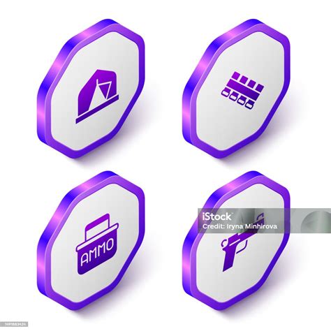 아이소메트릭 투어리스트 텐트 사냥 카트리지 벨트 탄약 상자 및 권총 또는 총 아이콘을 설정합니다 보라색 육각형 버튼 벡터 3차원