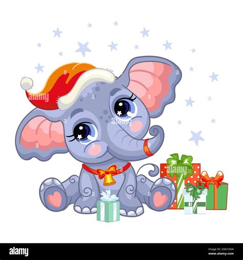 Cute Elephant In A Christmas Hat With Ts And Snowflakes Cartoon