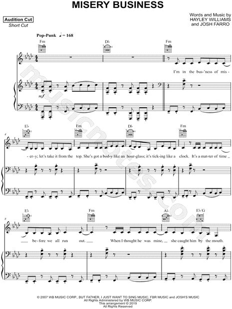 Paramore Misery Business Sheet Music In F Minor Transposable