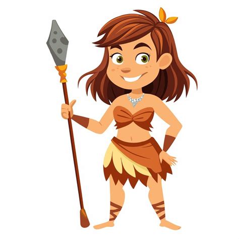 Cartoon Primitive Cave Girl With Spear Prehistoric Neanderthal Woman Character Colorful