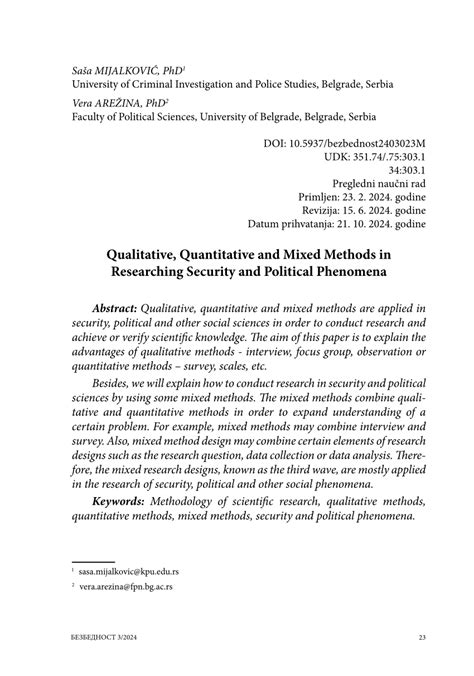 Pdf Qualitative Quantitative And Mixed Methods In Researching Security And Political Phenomena