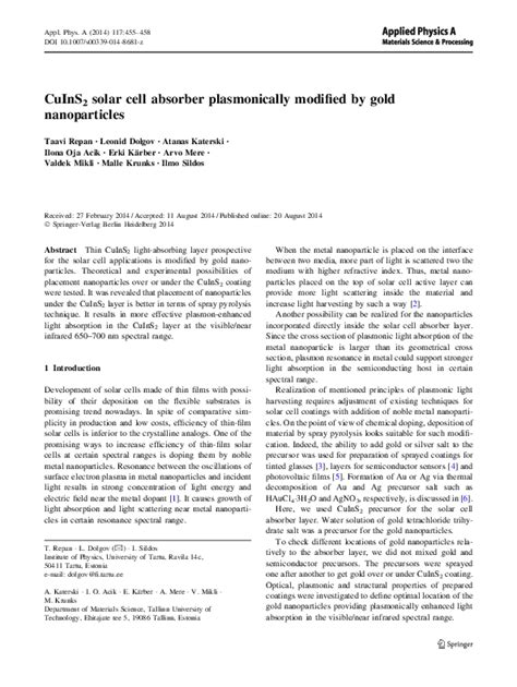Pdf Cuins2 Solar Cell Absorber Plasmonically Modified By Gold Nanoparticles