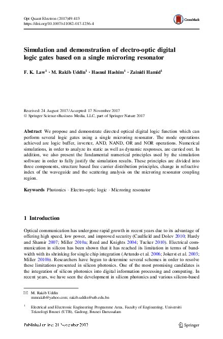 pdf simulation and demonstration of electro optic digital logic gates based on a single