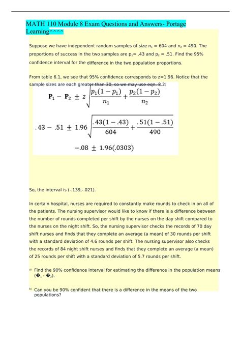 Math 110 Module 8 Exam Questions And Answers Portage Learning Updated