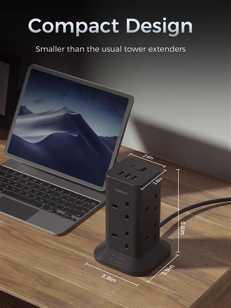 Tessan Extension Plug Tower Extension Socket Surge Protector With 3 Usb
