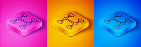 아이소메트릭 라인 섀시 자동차 아이콘은 분홍색과 주황색 파란색 배경에 격리되어 있습니다 사각형 버튼 벡터 3차원 형태에 대한 스톡 벡터 아트 및 기타 이미지 Istock