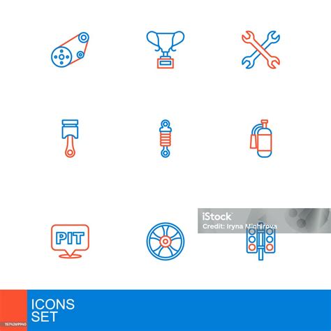 라인 레이싱 신호등 자동차용 알로이 휠 피트 스톱 소화기 엔진 피스톤 쇼크 업소버 렌치 스패너 및 보너스 컵 아이콘을 설정합니다 벡터 교통수단에 대한 스톡 벡터 아트 및