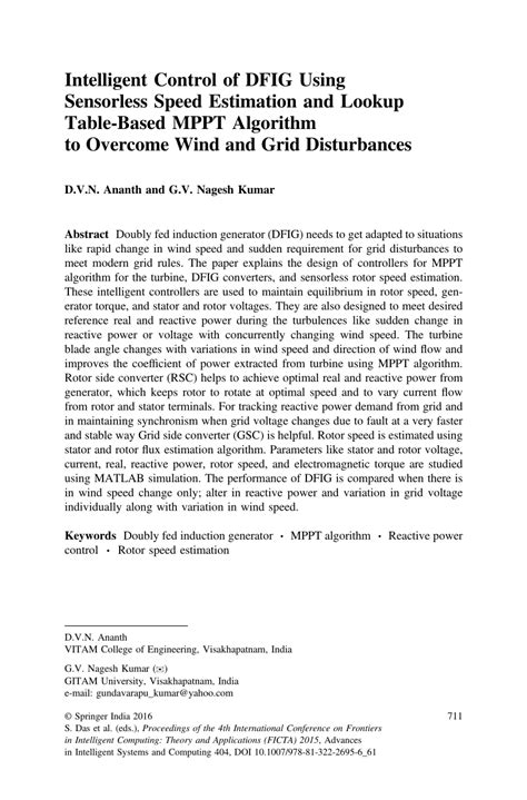 Pdf Intelligent Control Of Dfig Using Sensorless Speed Estimation And Lookup Table Based Mppt