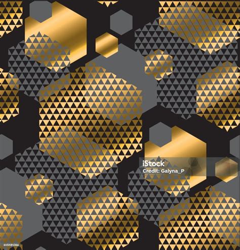 금과 회색 색상 창조적 인 반복 모티브 삼각형과 육각형 형태 는 종이 또는 직물을 포장합니다 기하학적 Dinamic 스타일의 현대 혼돈 원활한 패턴 벡터 그림 0명에 대한
