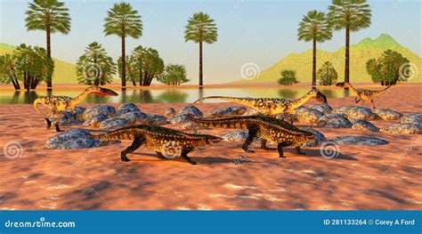 Triassic Riverside Dinosaurs With Fan Palm Trees Stock Illustration