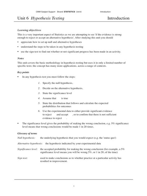 Statistics Unit 6 Hypothesis Testing Introduction Pdf