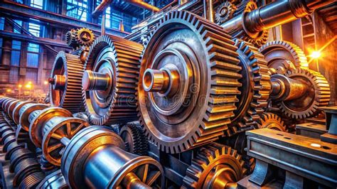 Massive Industrial Gears A Panoramic Perspective Of A Complex Machinery System Showcasing