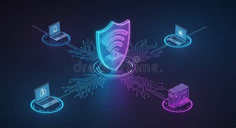 Futuristic Digital Security Concept With A Glowing Shield Icon At The Center Stock Illustration