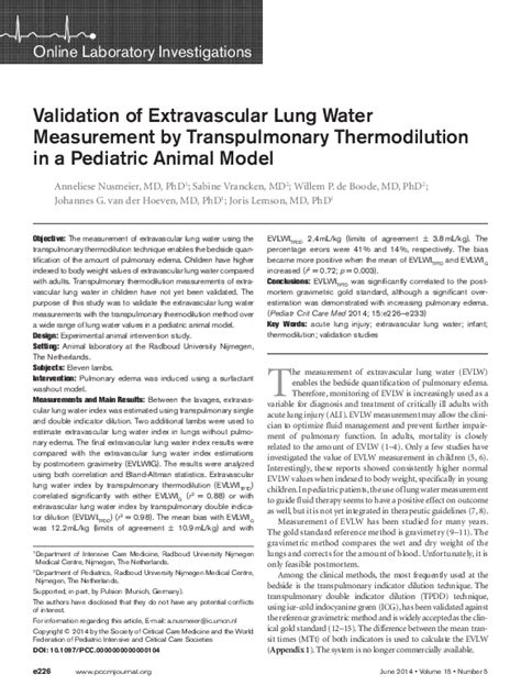 Pdf Validation Of Extravascular Lung Water Measurement By Transpulmonary Thermodilution In A