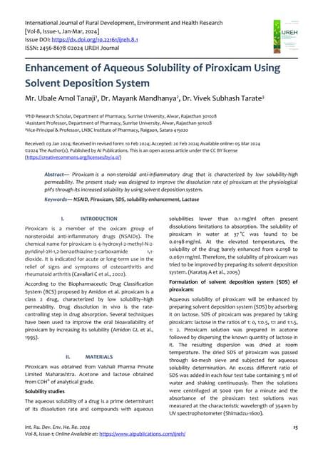 Enhancement Of Aqueous Solubility Of Piroxicam Using Solvent Deposition