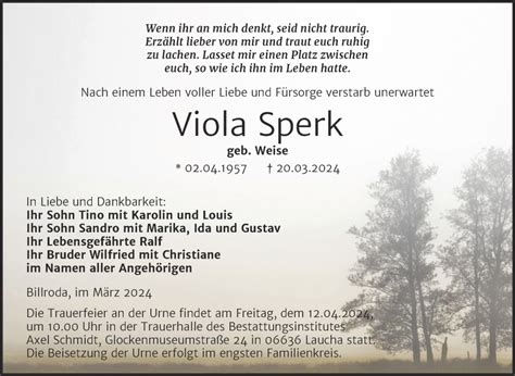 Traueranzeigen Von Viola Sperk Abschied Nehmen De
