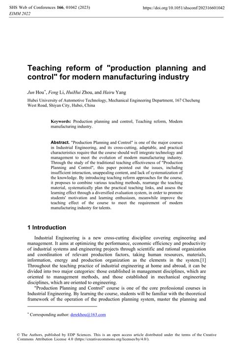 Pdf Teaching Reform Of “production Planning And Control” For Modern Manufacturing Industry