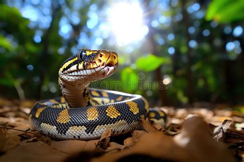 Snake Python Coiling And Sunlight Depicted In A Sunlit Clearing Where