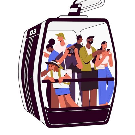 케이블카 케이블카 유리 캐리지의 관광객 투명한 케이블카 공중 부스 안에 행복한 사람들 승객 로프웨이의 운반된 오두막 평면 벡터 일러스트 레이 션 흰색 배경에 고립 프리미엄 벡터