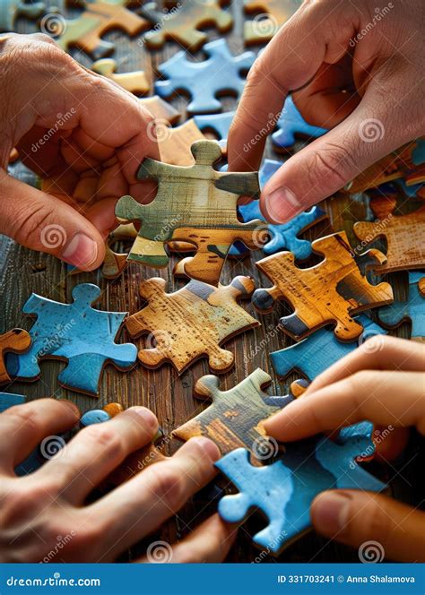 Close Up Of Multiple Hands Collaborating To Assemble A Wooden Jigsaw