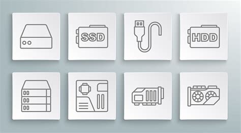 세트 라인 서버 데이터 웹 호스팅 Ssd 카드 마더 보드 디지털 칩 비디오 그래픽 Usb 케이블 코드 하드 디스크 드라이브 Hdd 및 아이콘 벡터 Cpu에 대한 스톡 벡터