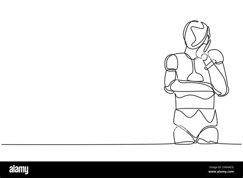 single one line drawing robot standing with keeping hand on cheek