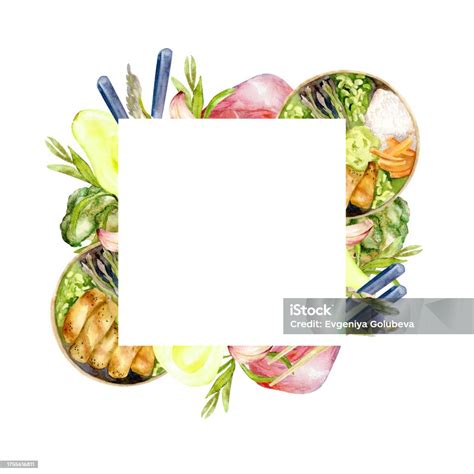 수채화 아시아 포케 그릇 프레임입니다 한국 포케 젓가락 브로콜리 고기 돼지고기 아보카도 구성 로고 라벨 메뉴 레스토랑 디자인에 대한 음식 일러스트레이션 수채화에 대한 스톡