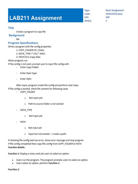 Lab211 Assignment Title Background Program Specifications Pdf